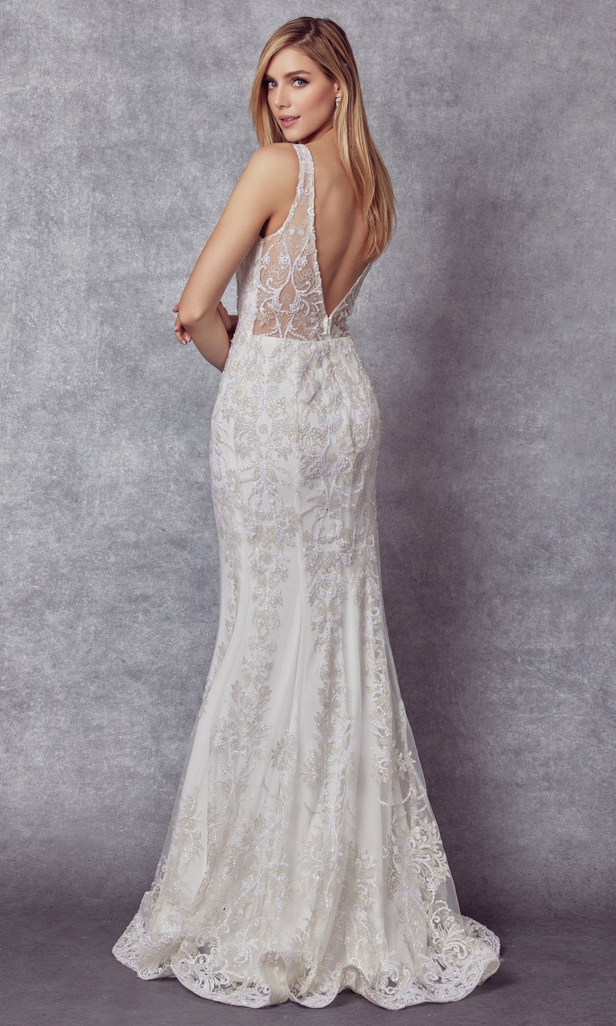Long White Glitter-Lace Prom Dress - PromGirl