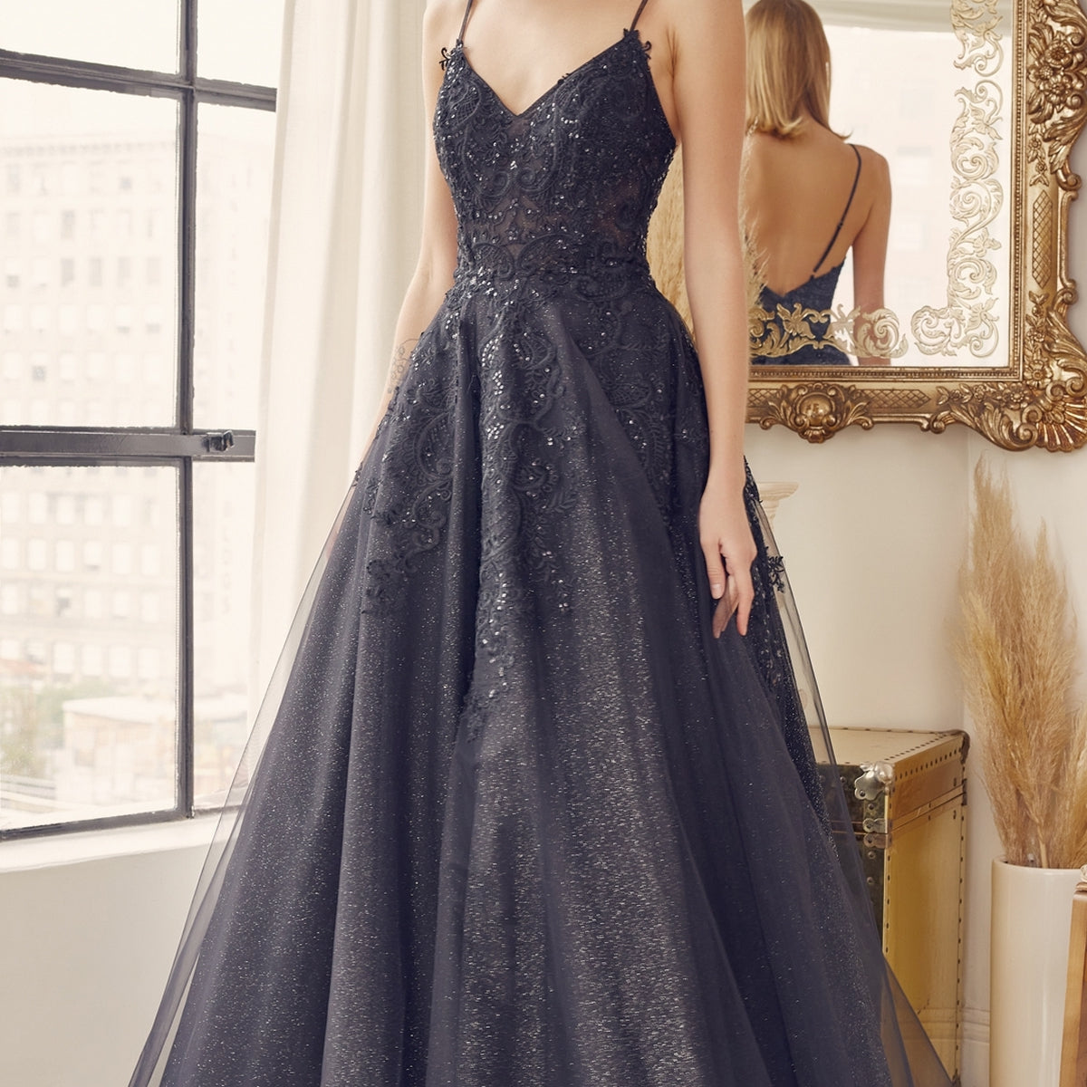 Embroidered Long Glitter Prom Ball Gown - PromGirl