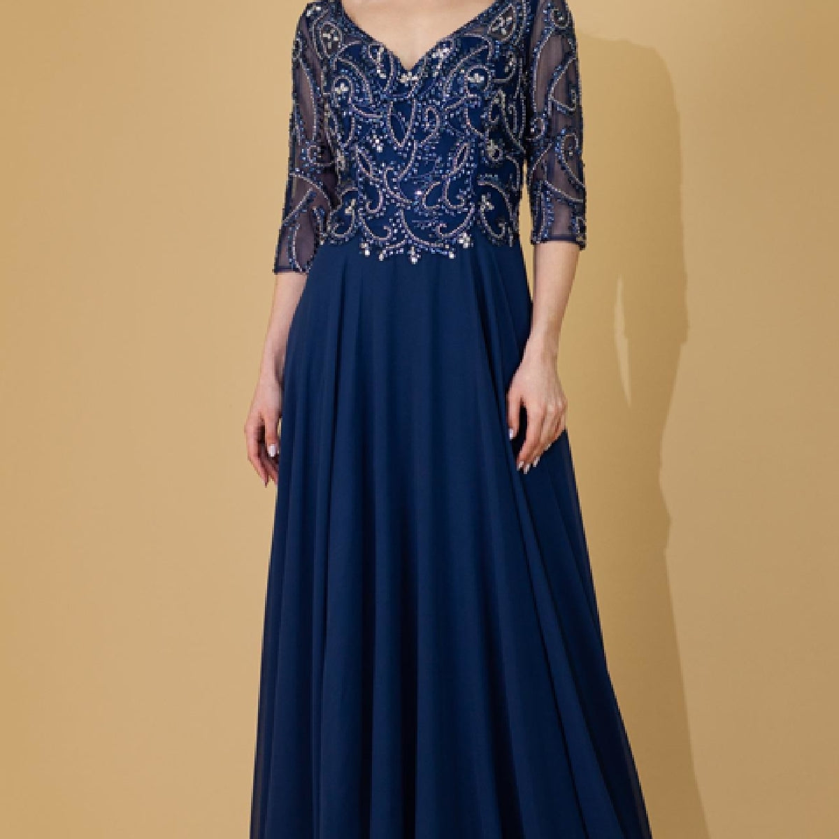 Long Formal Dress with Three-Quarter Sleeves