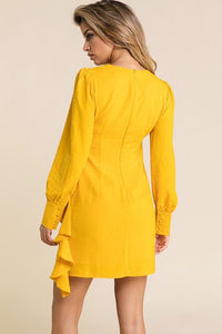 Short Yellow Work Dress with Long Sleeves - PromGirl