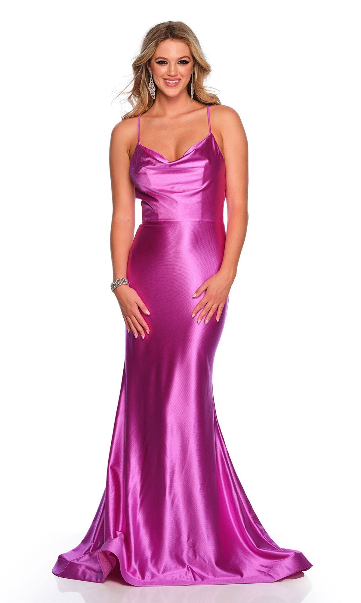 Open Back Cowl-Neck Long Magenta Pink Prom Dress