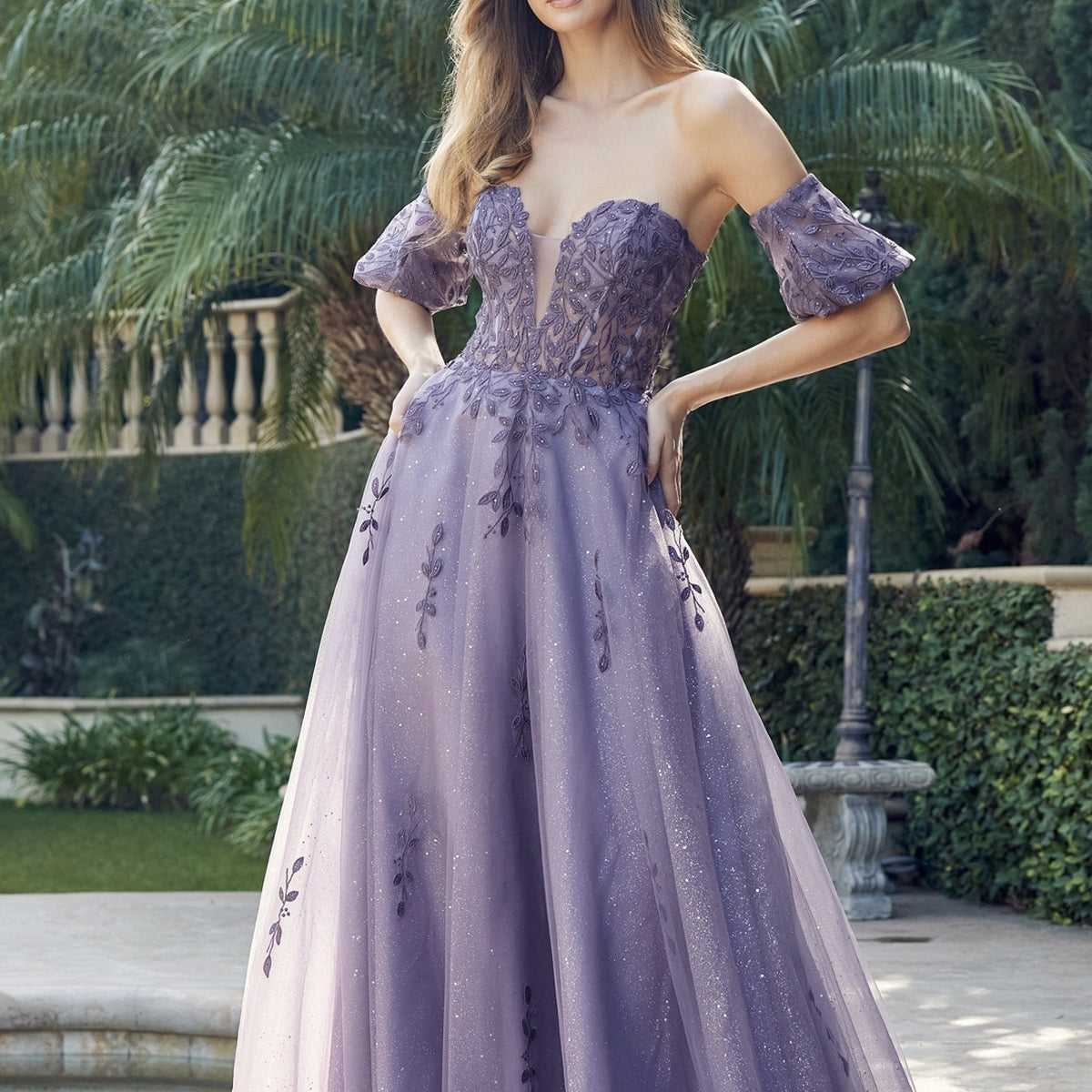 Glitter Prom Dresses with Puff Sleeves - PromGirl