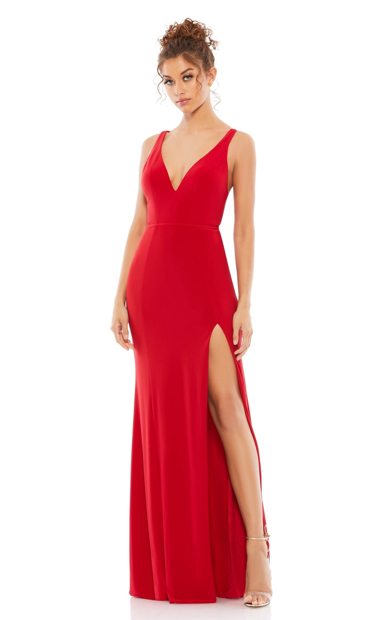 Long Red Formal Prom Dress with V-Neck - PromGirl