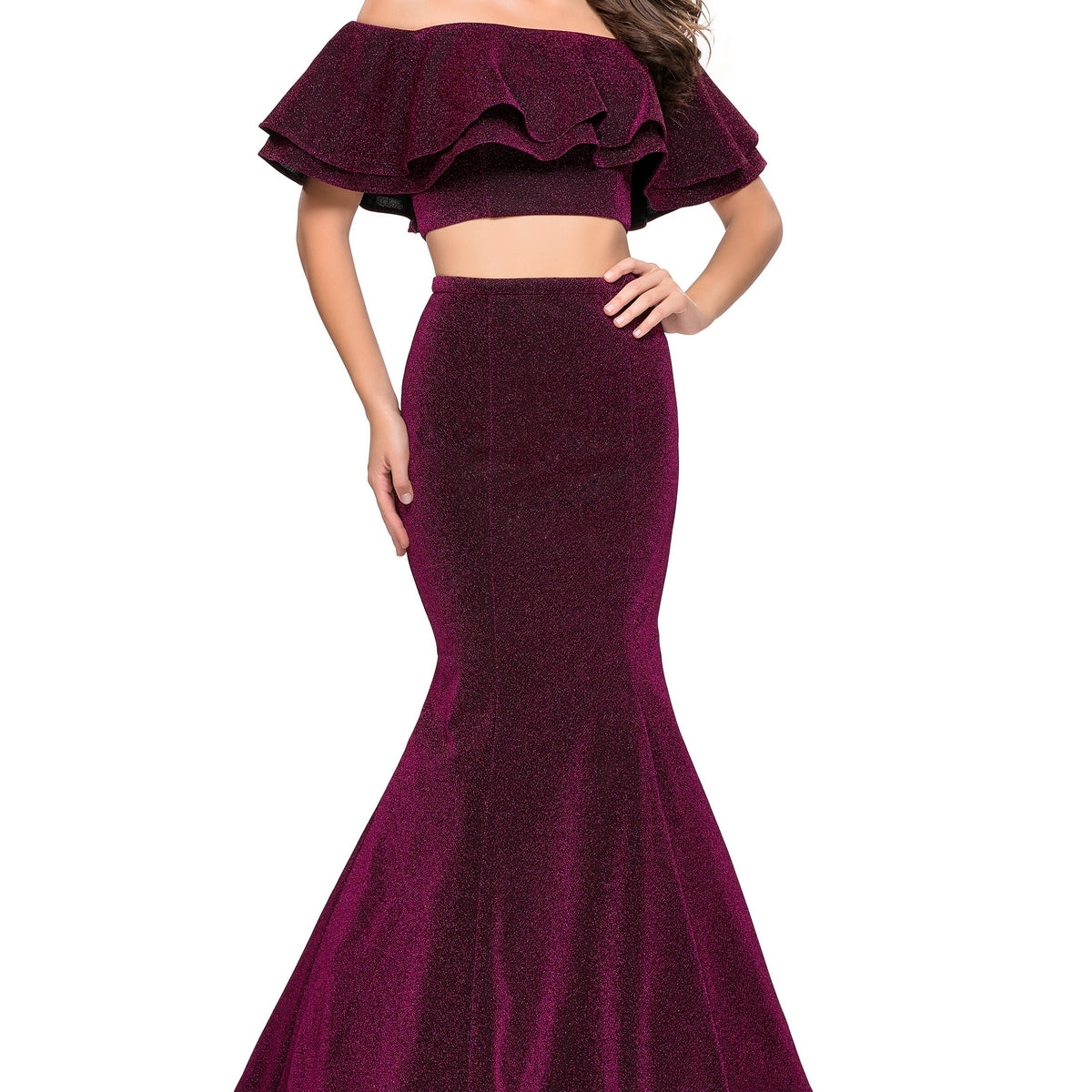 Off-Shoulder Two-Piece Long Prom Dress with Ruffles