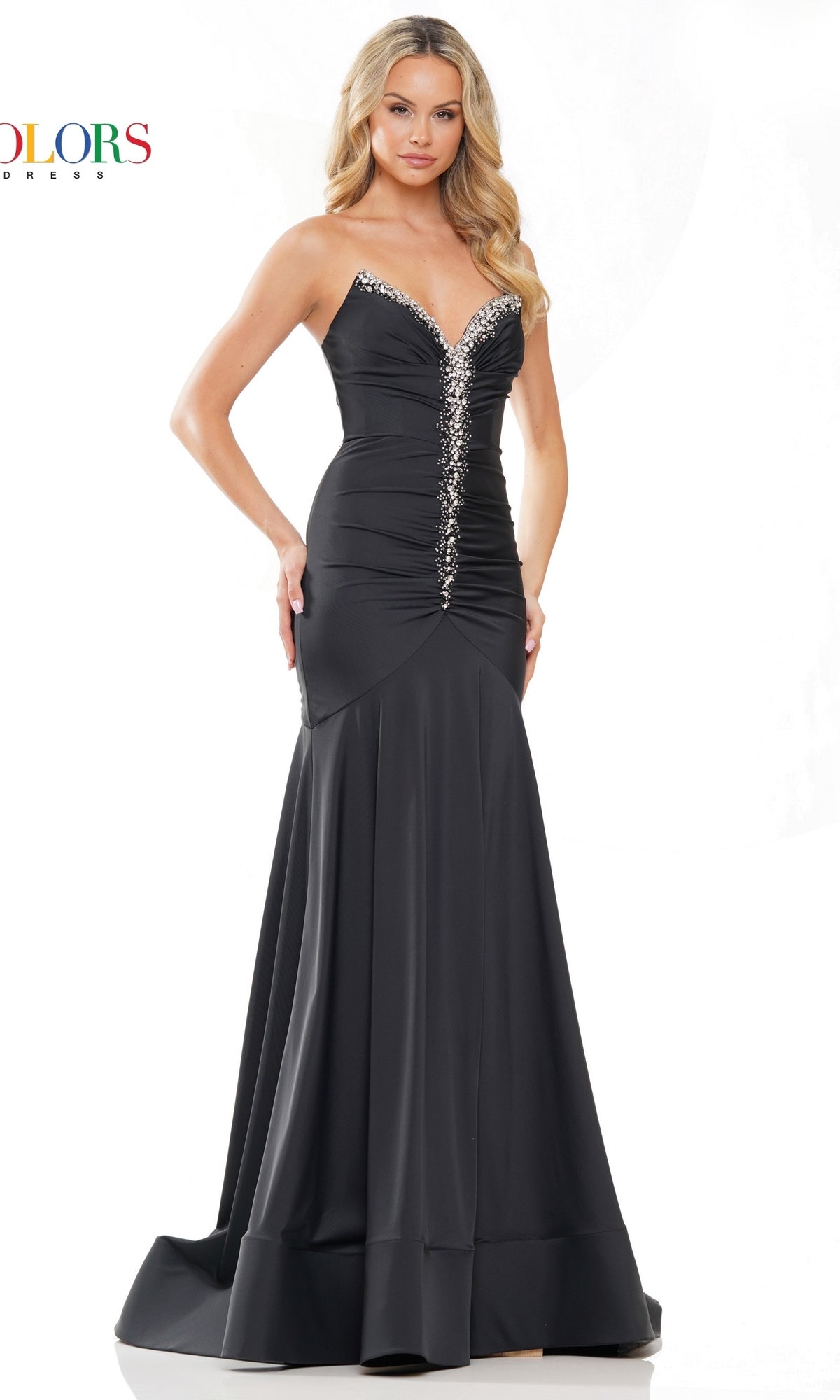 Lace-Up Strapless Long Prom Dress with Rhinestones