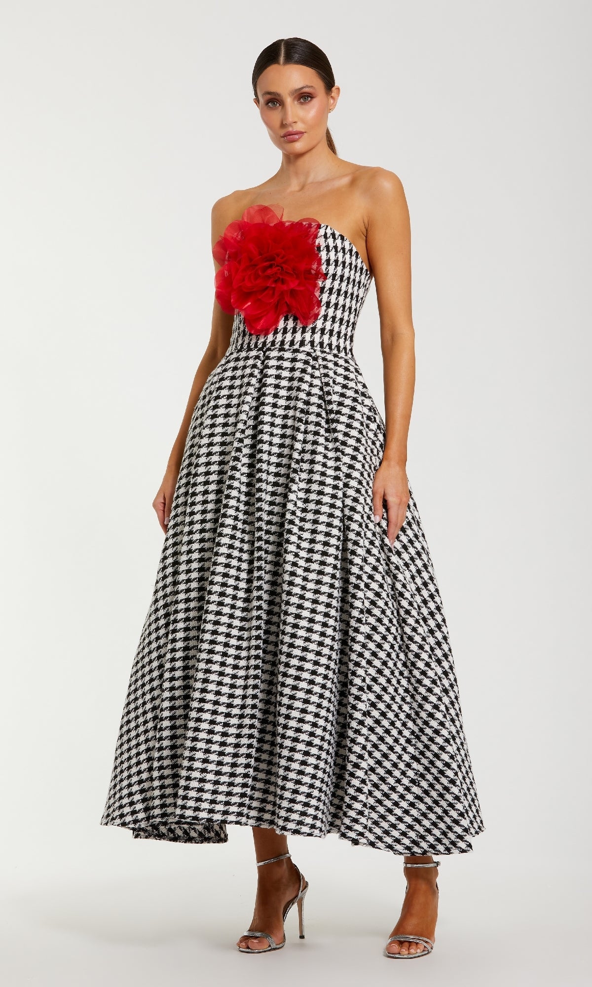 Strapless Midi Hounds Tooth Formal Dress with Pockets– PromGirl