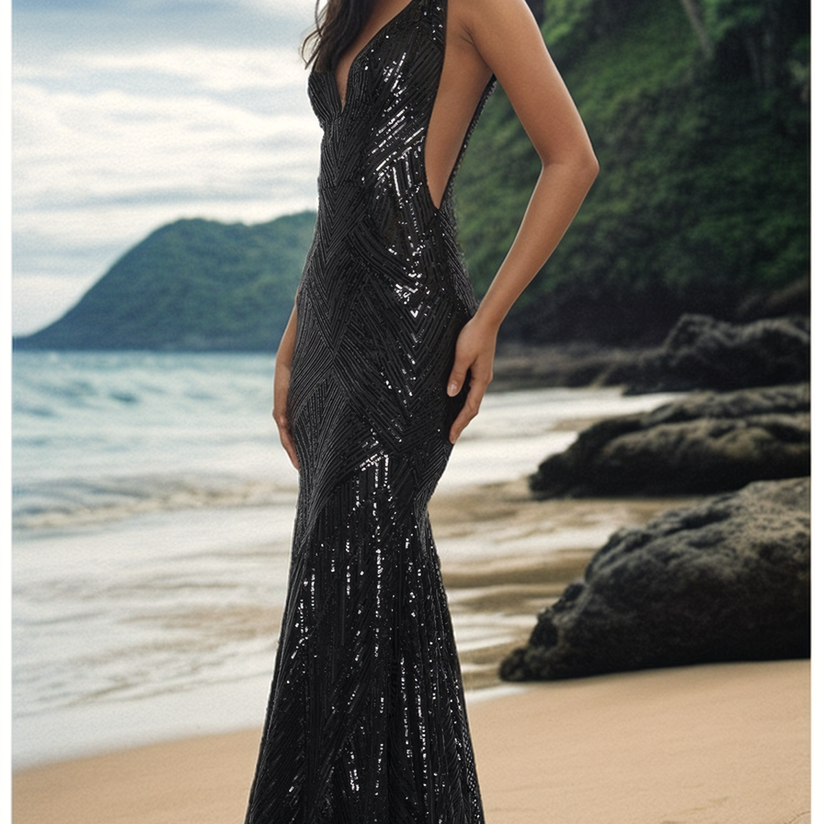 Long Sequin Formal Dress with Sheer Sides