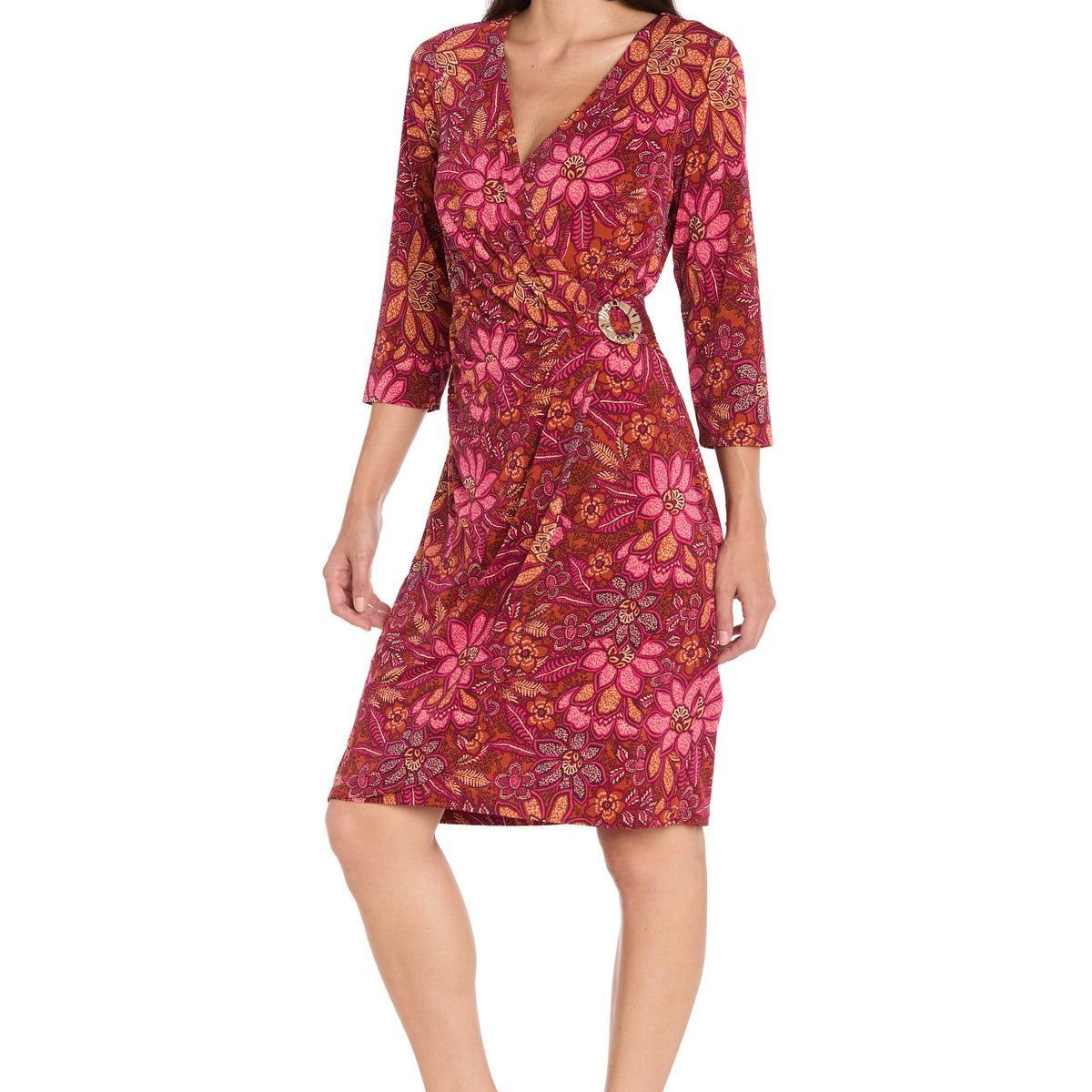 Knee-Length Red Print Party Dress with Sleeves
