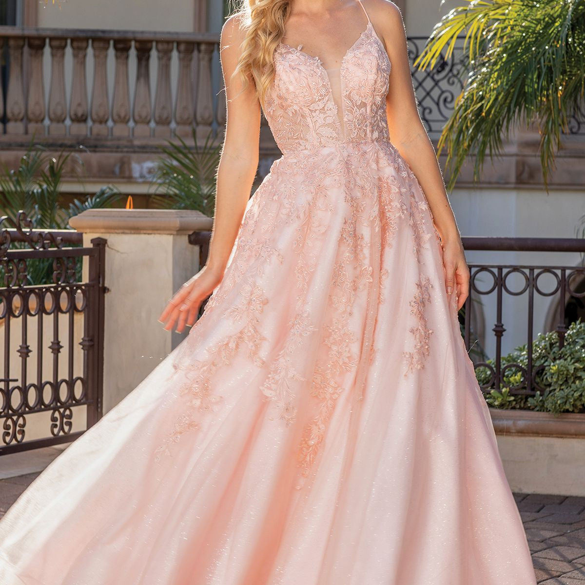 A-Line Floral-Embroidered Long Prom Dress - PromGirl