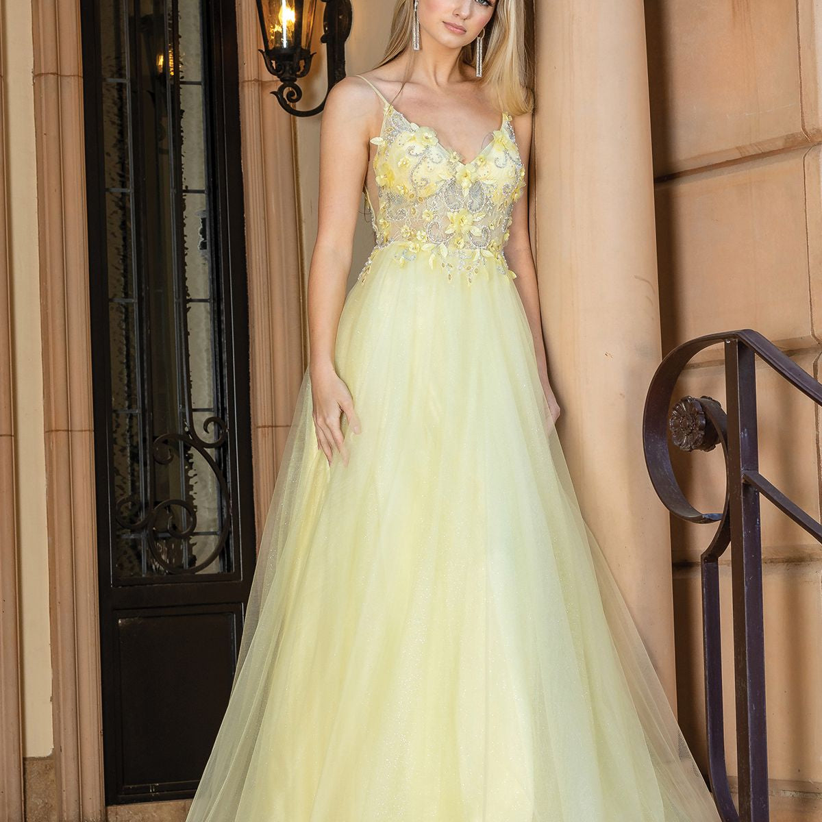 Tulle Long A-Line Floral Prom Ball Gown - PromGirl