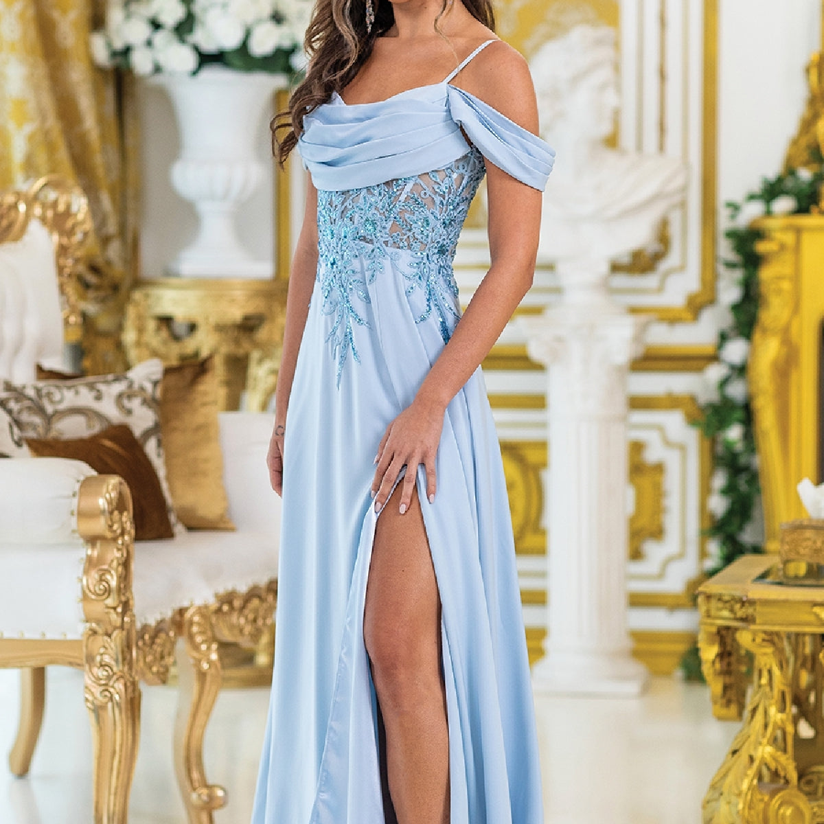 Off-Shoulder Long Prom Dress with Beaded-Lace Corset