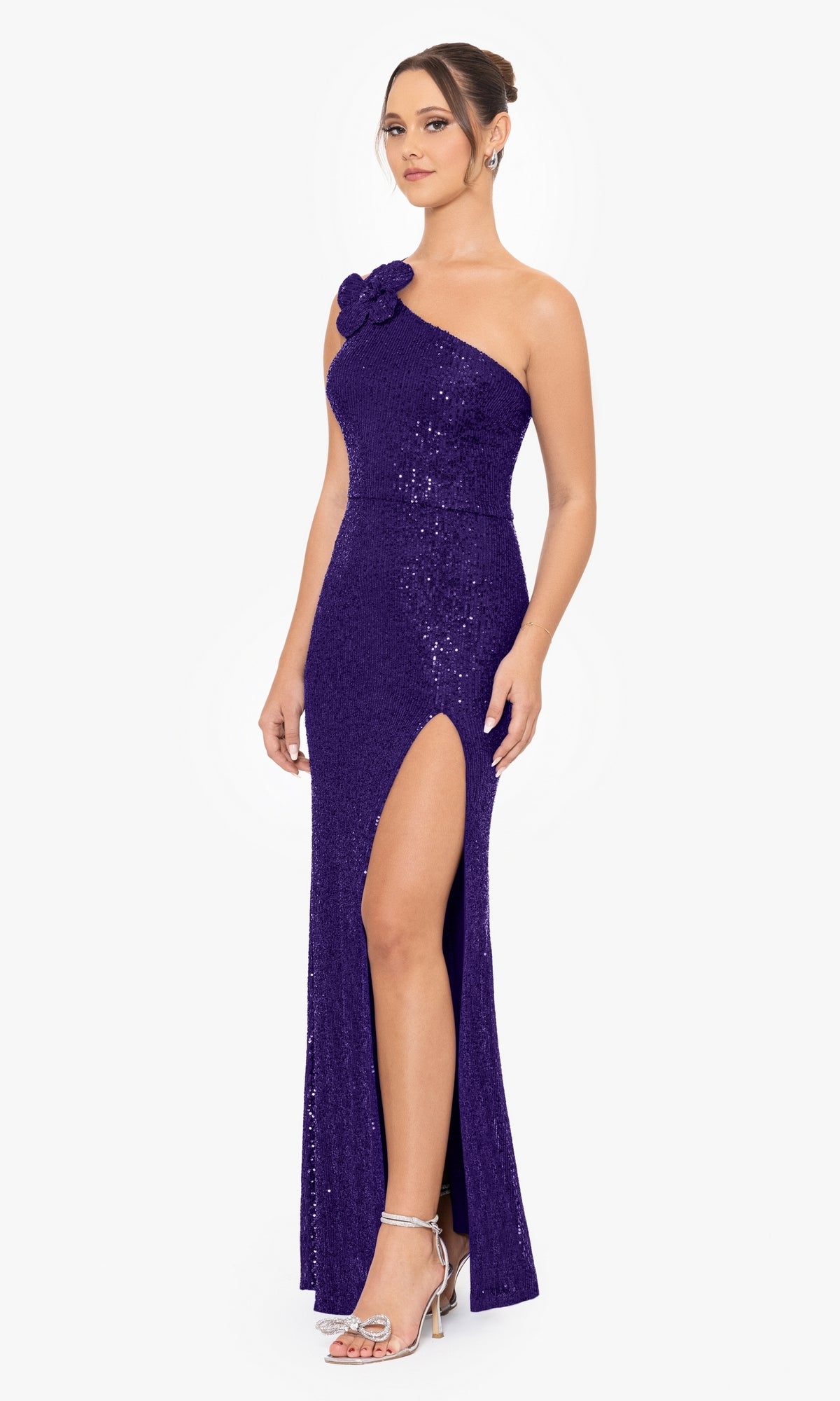 Rosette One-Shoulder Long Purple Sequin Prom Dress