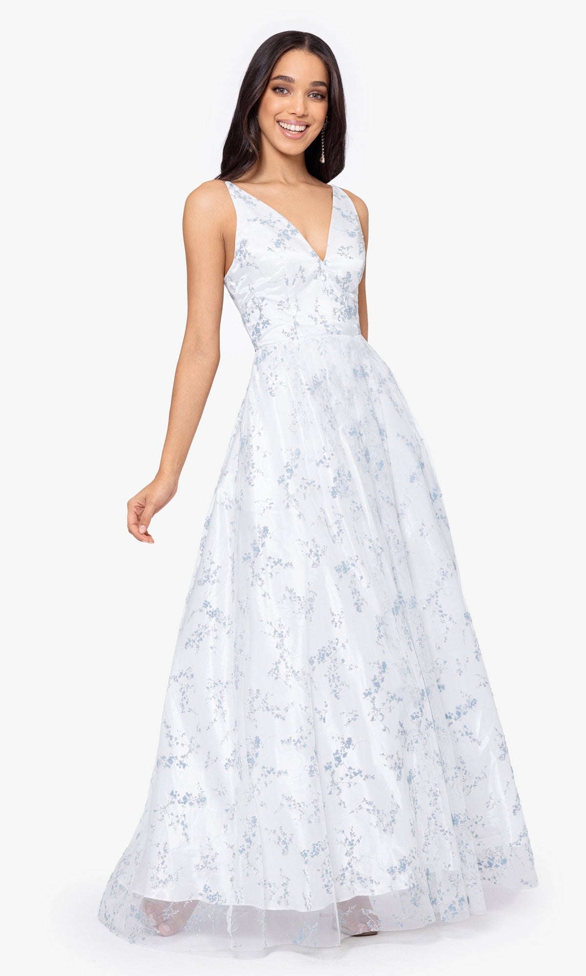 Long Floral-Print Formal Dress with Corset Back
