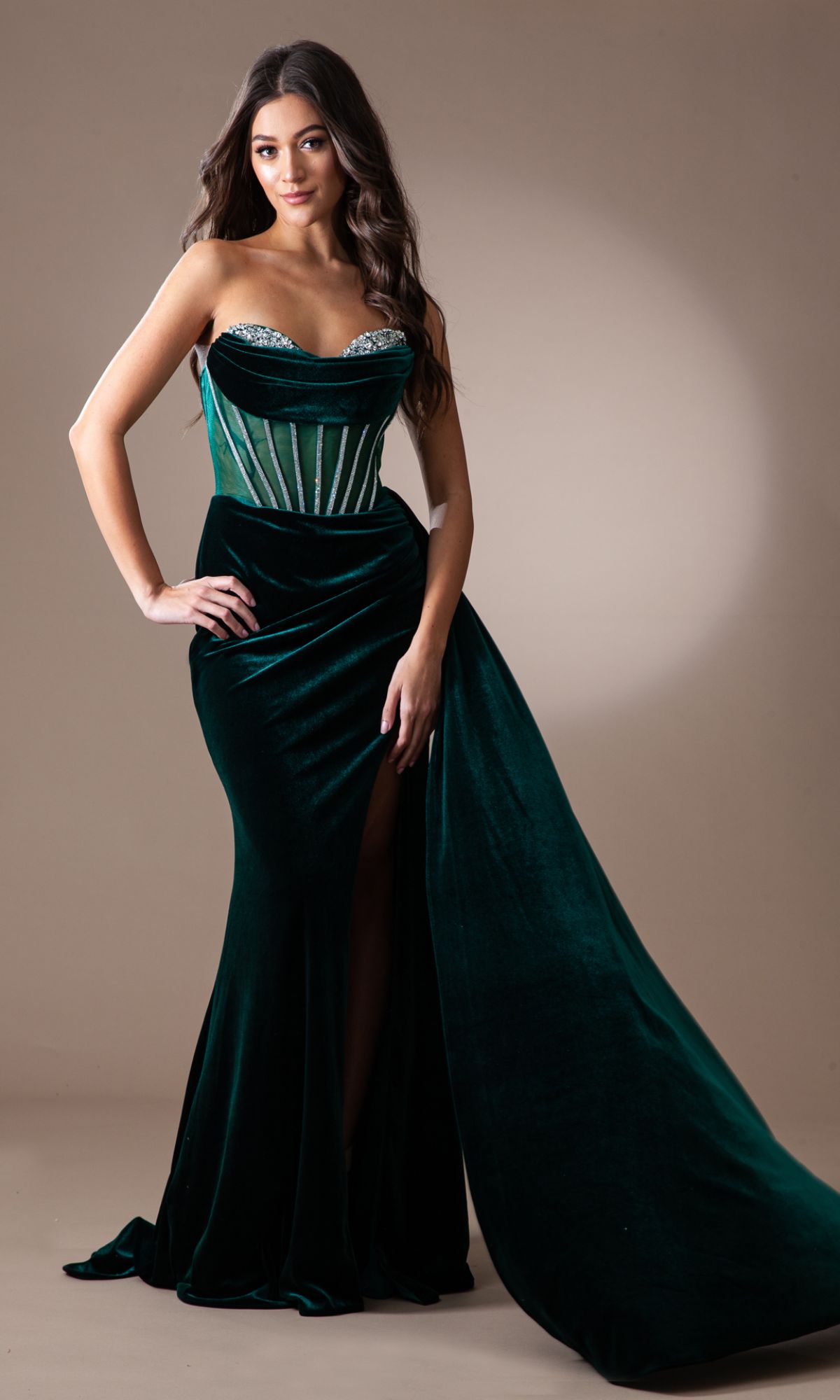 Strapless Sheer-Waist Long Velvet Prom Dress -PromGirl