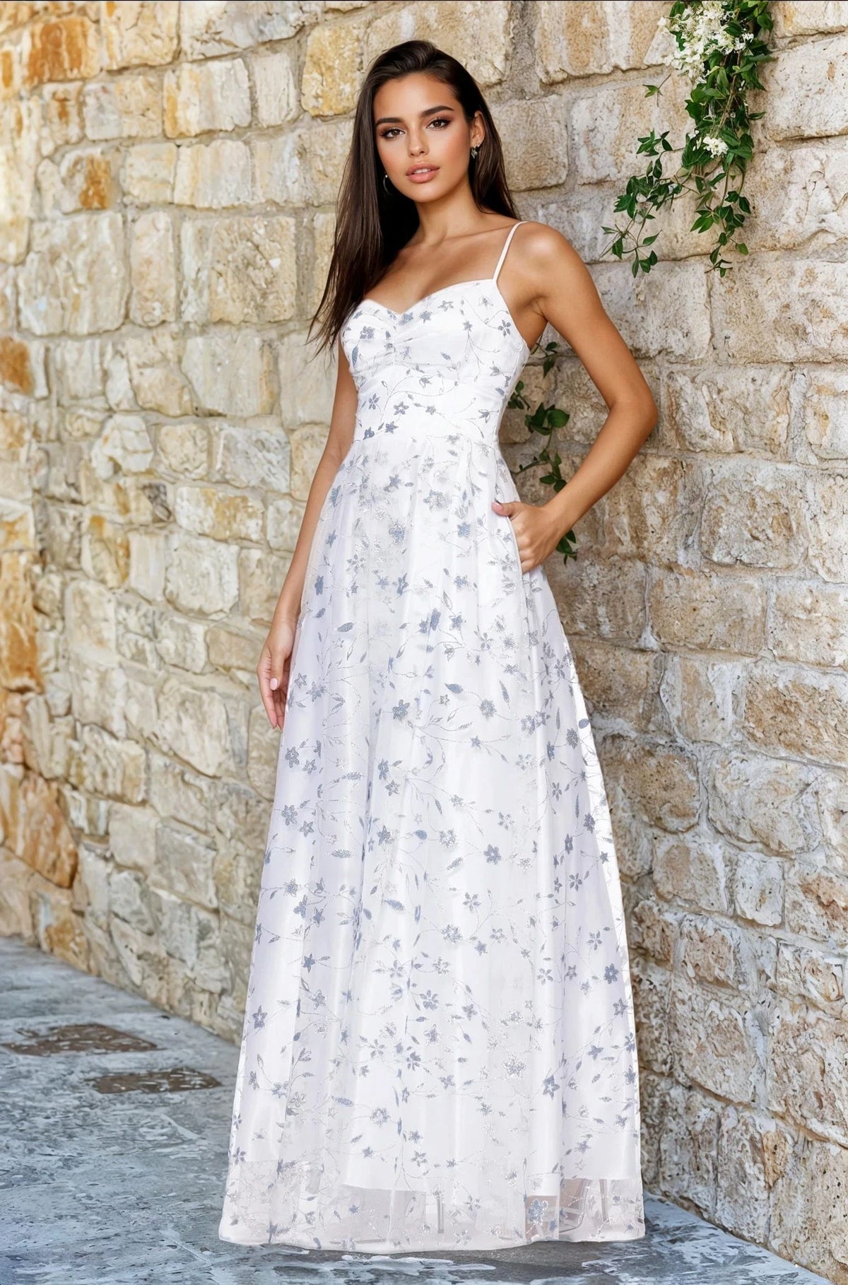 Long Ivory Glitter-Print Prom Dress with Lace-Up Back
