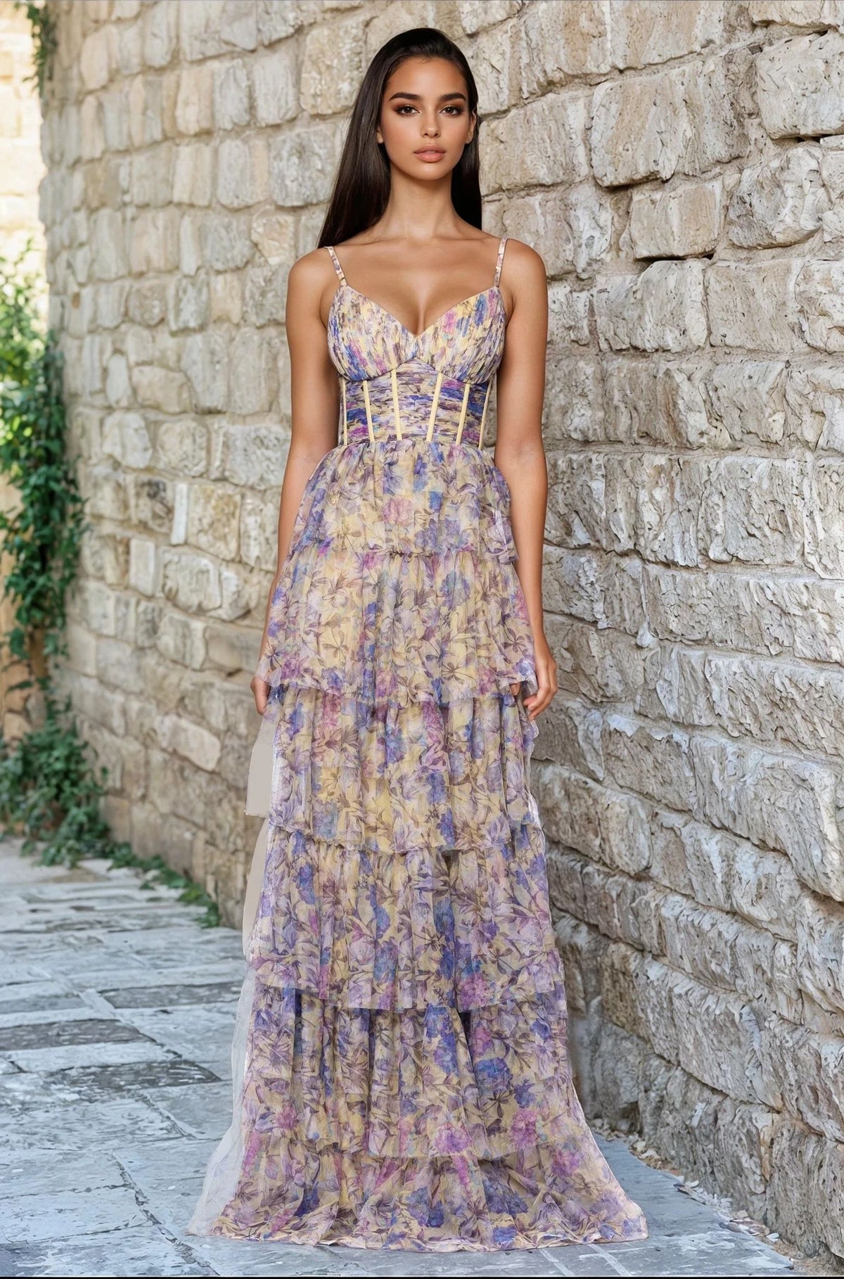 Long Floral-Print Prom Dress with Ruffled Skirt– PromGirl