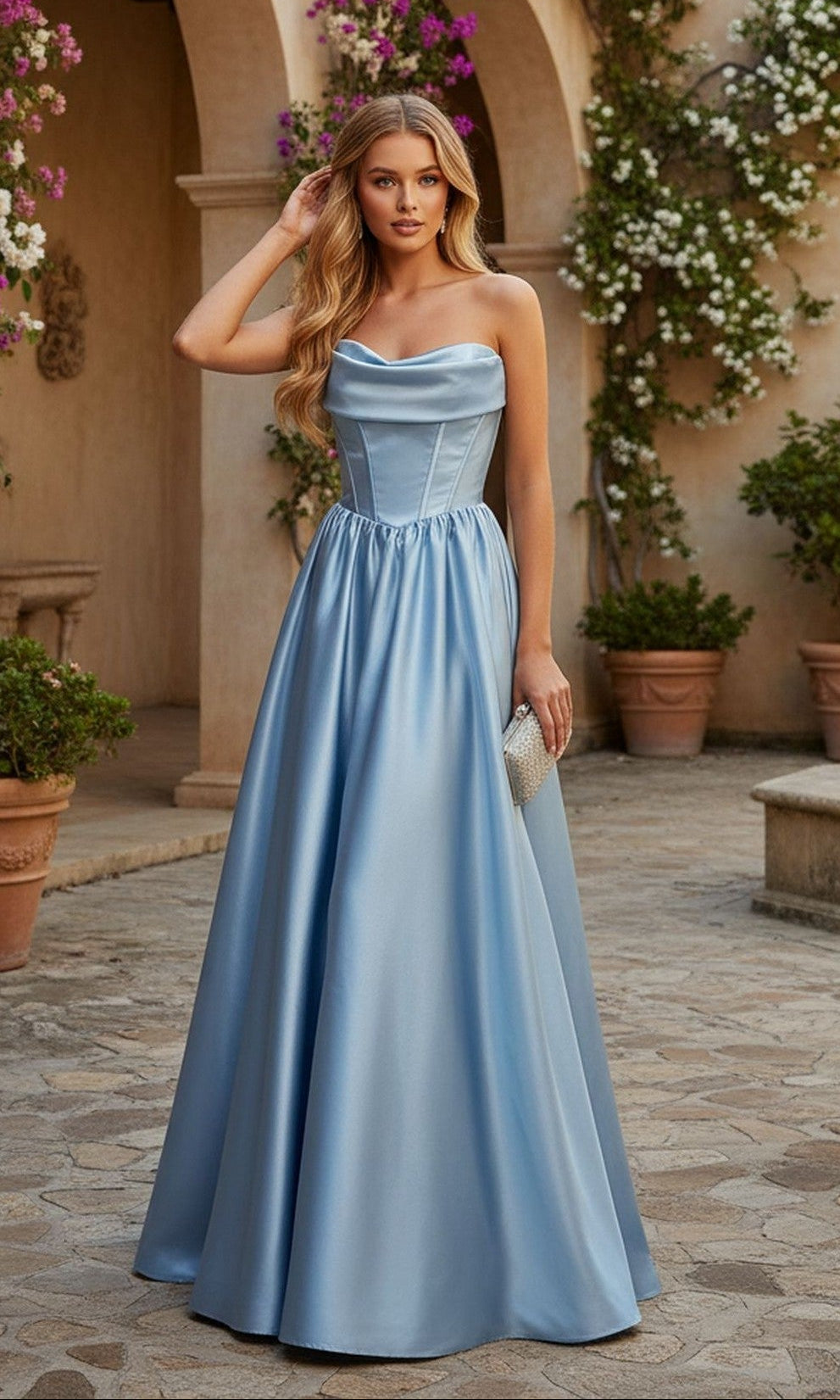 Strapless Long Satin A-Line Prom Dress with Pockets– PromGirl