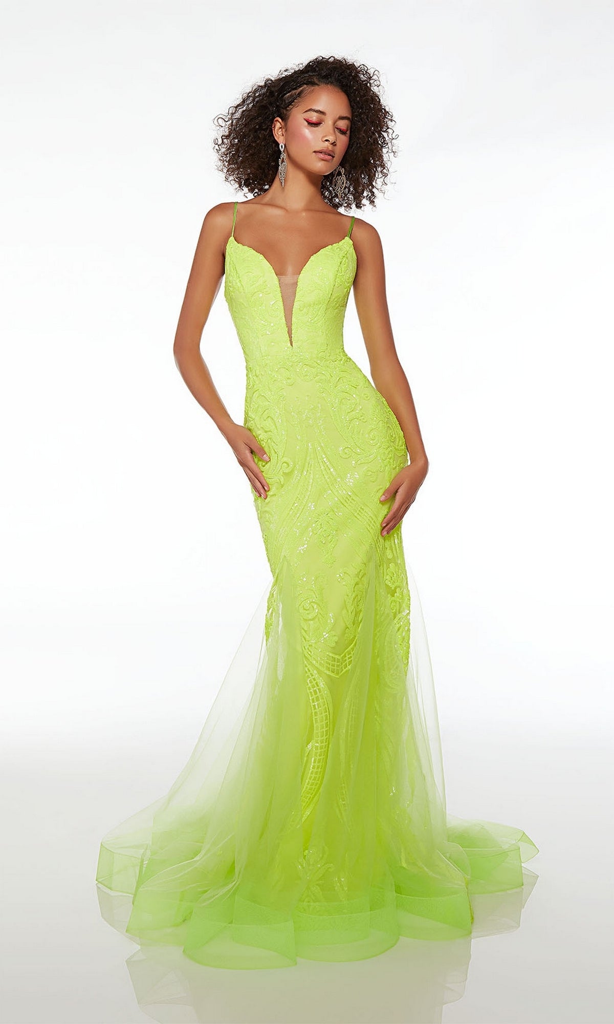 Strappy-Back Long Green Prom Dress with Sequin Print