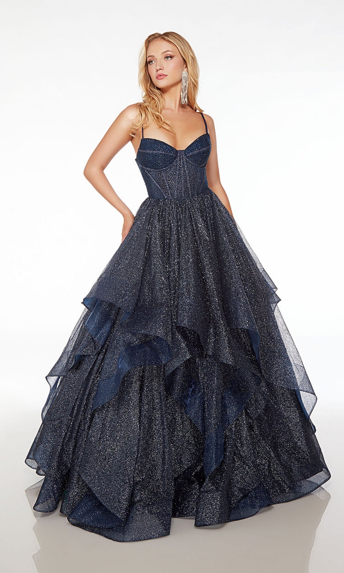 Long Glitter-Tulle Tiered Prom Dress with Lace-Up Back