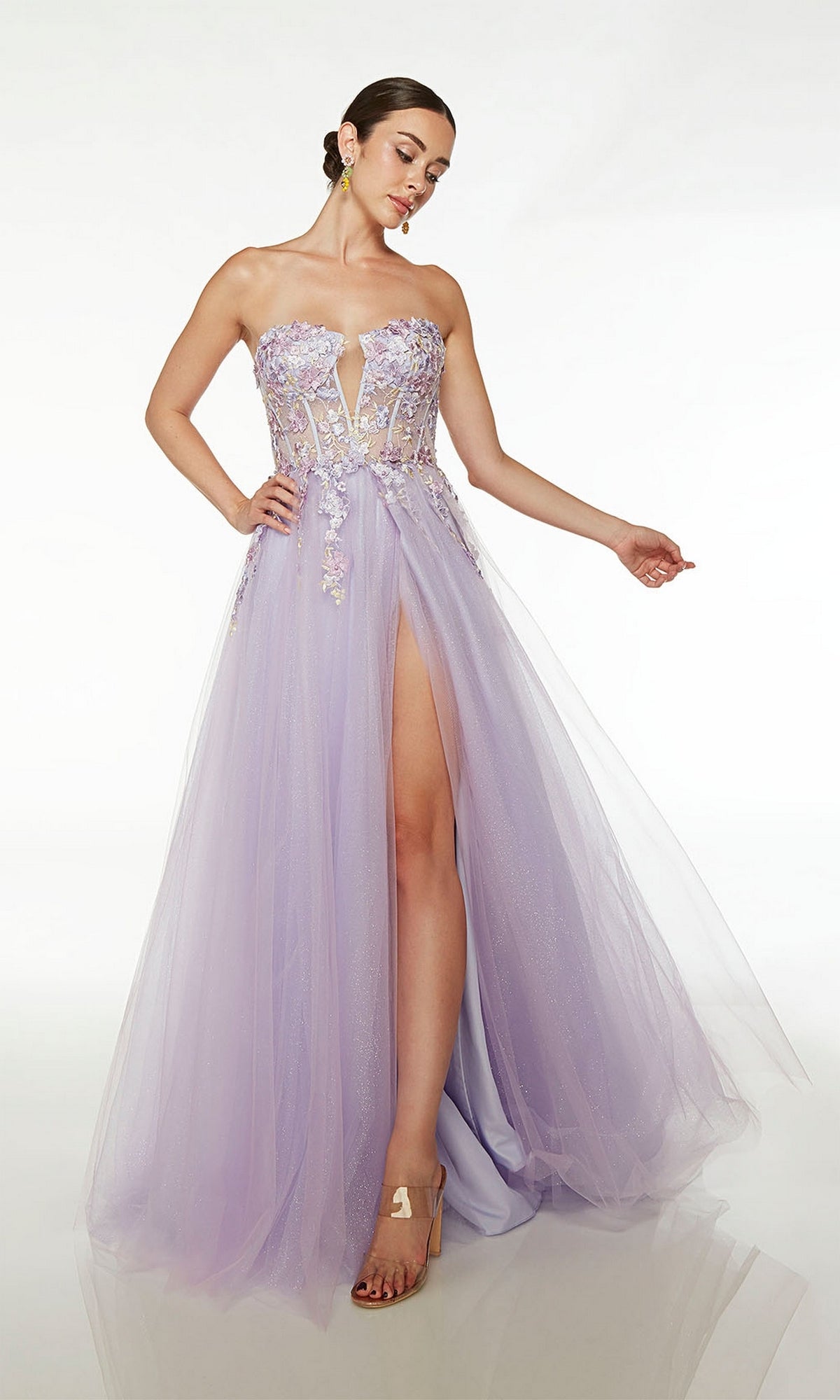 Sheer-Bodice Strapless Long Purple A-LIne Prom Dress