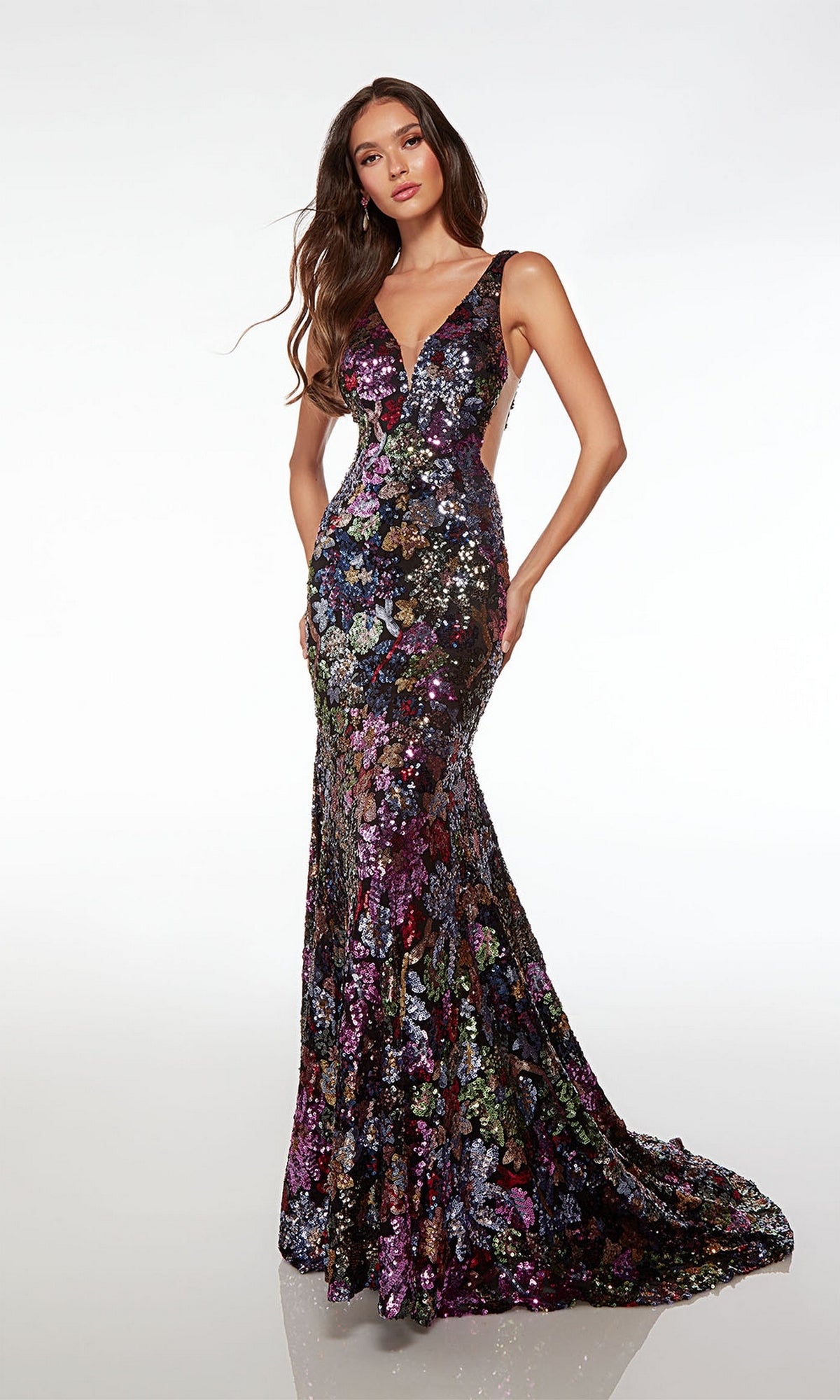 Multicolor Long Prom Dress with Sequin Floral Print