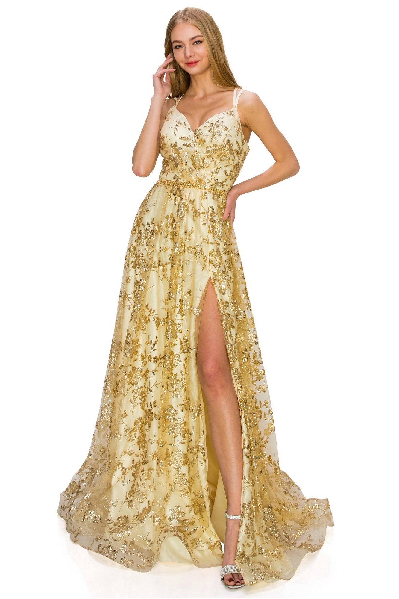 Long A-Line Prom Dress with Glitter Flowers - PromGirl