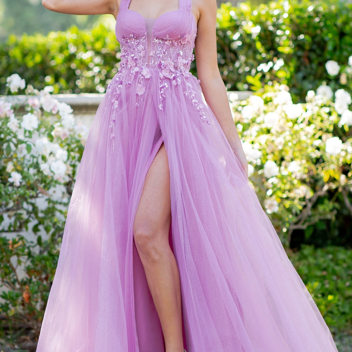 Long Sweetheart Halter Prom Dress with Floral Applique