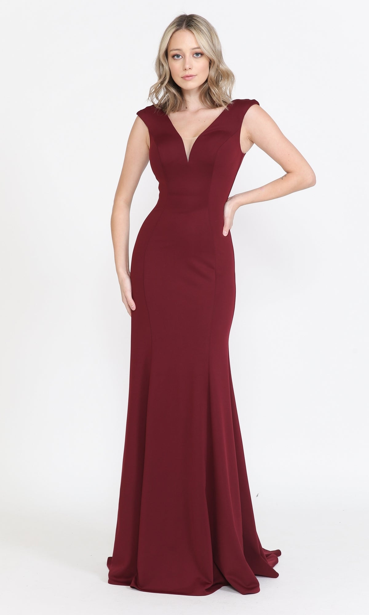 Long Jersey Prom Dress with Cap Sleeves - PromGirl
