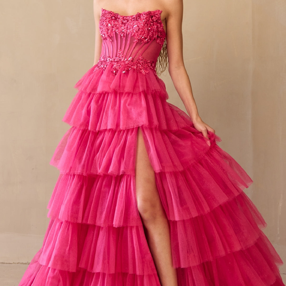 Strapless Long A-Line Ruffled Prom Dress with Beads