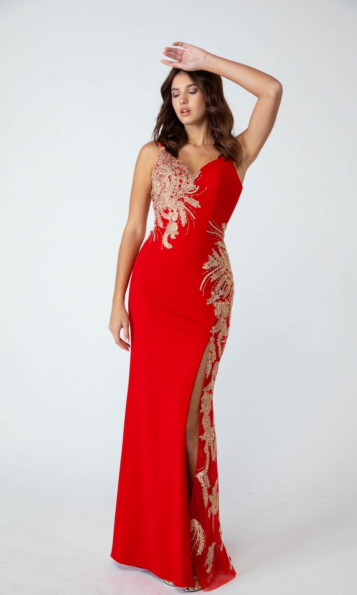 Lace-Up Long Jersey Prom Dress with Gold Embroidery– PromGirl