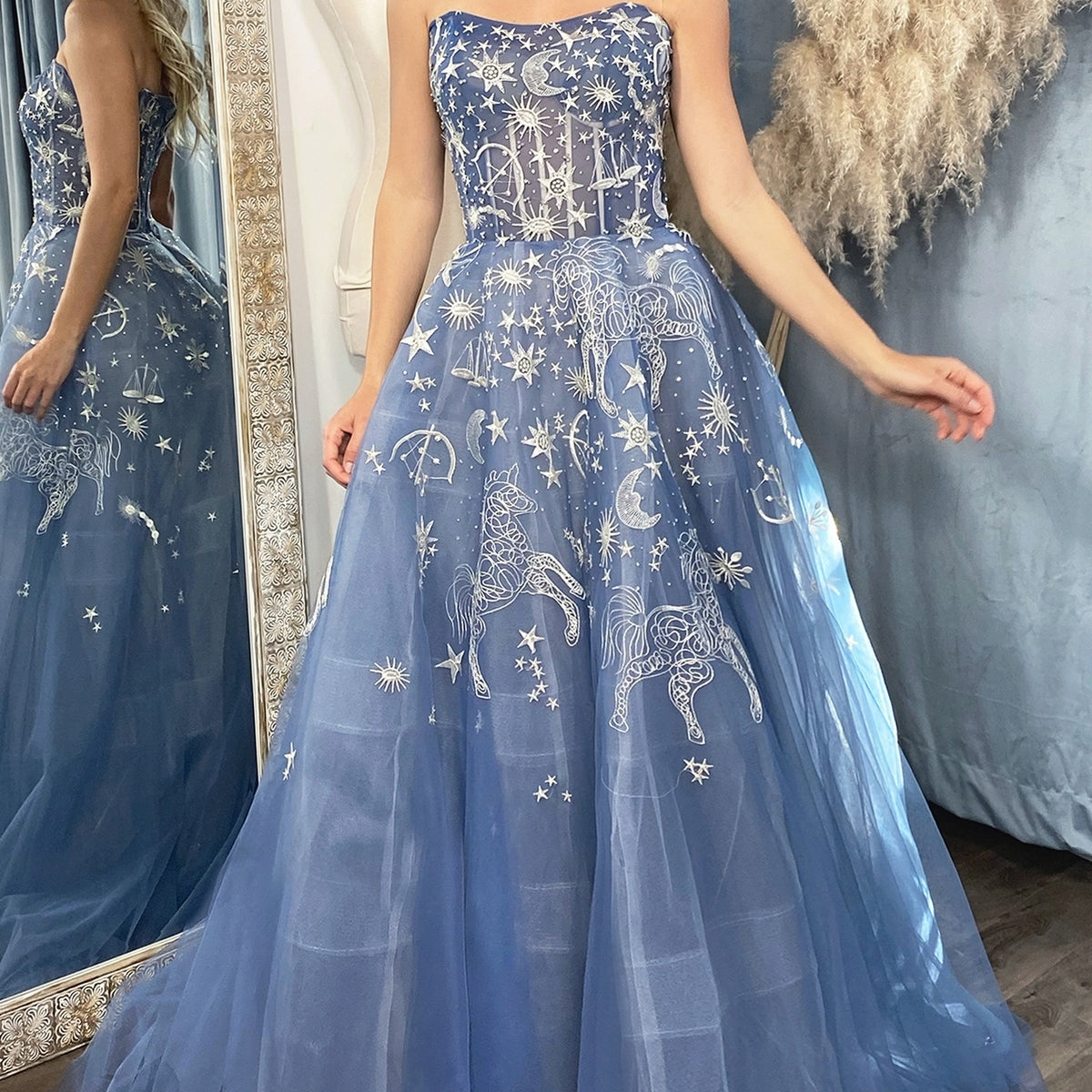 Strapless Prom Ball Gown with Constellation Print