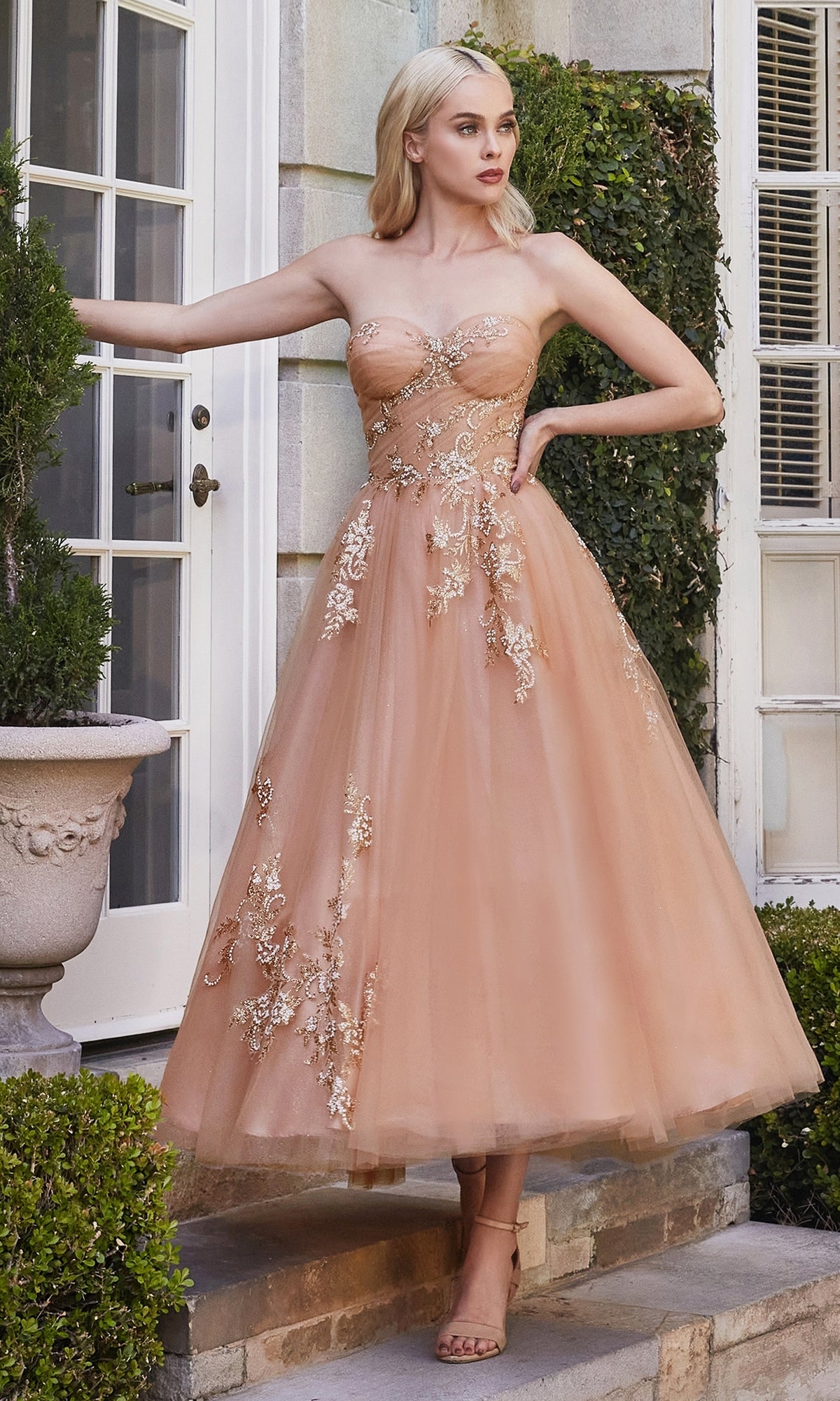 Tea-Length Strapless Rose Gold Prom Dress - PromGirl