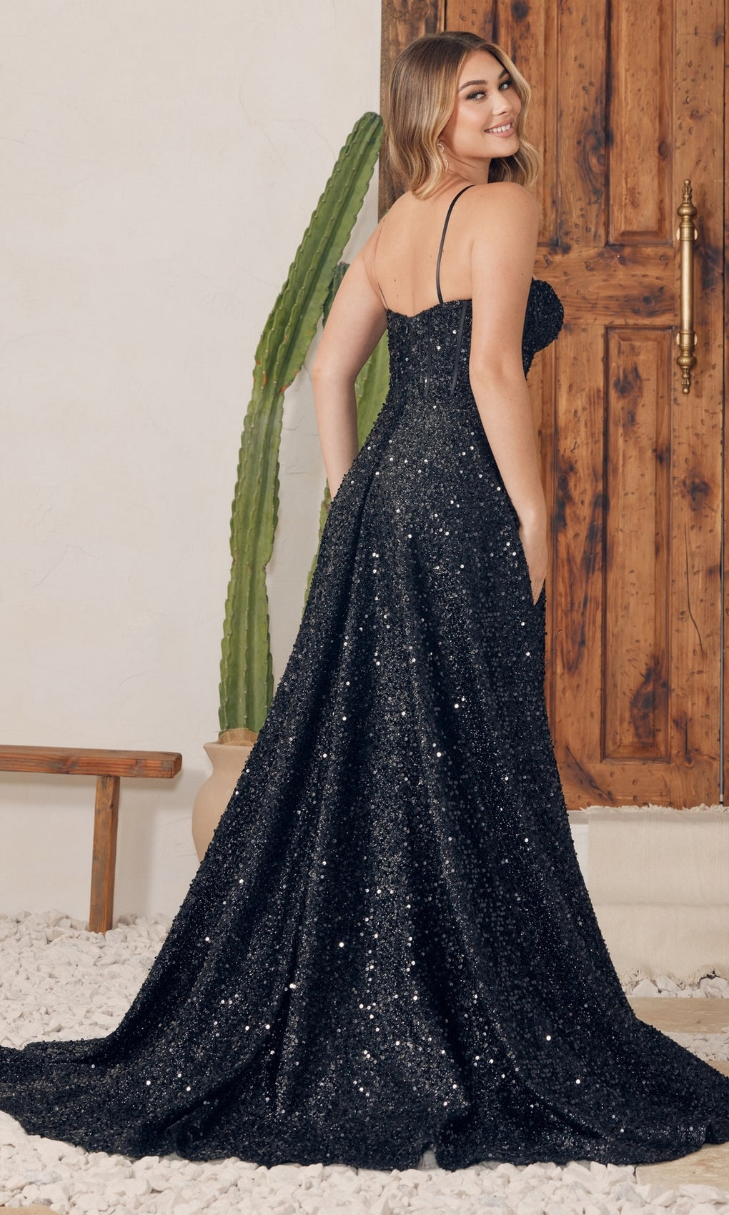Corset Long Black Sequin Prom Dress - PromGirl