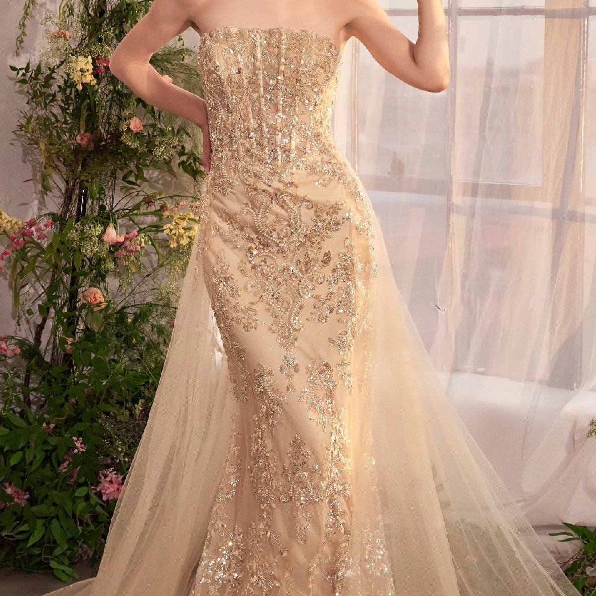 Lace-Up Strapless Long Prom Dress with Sequin Print