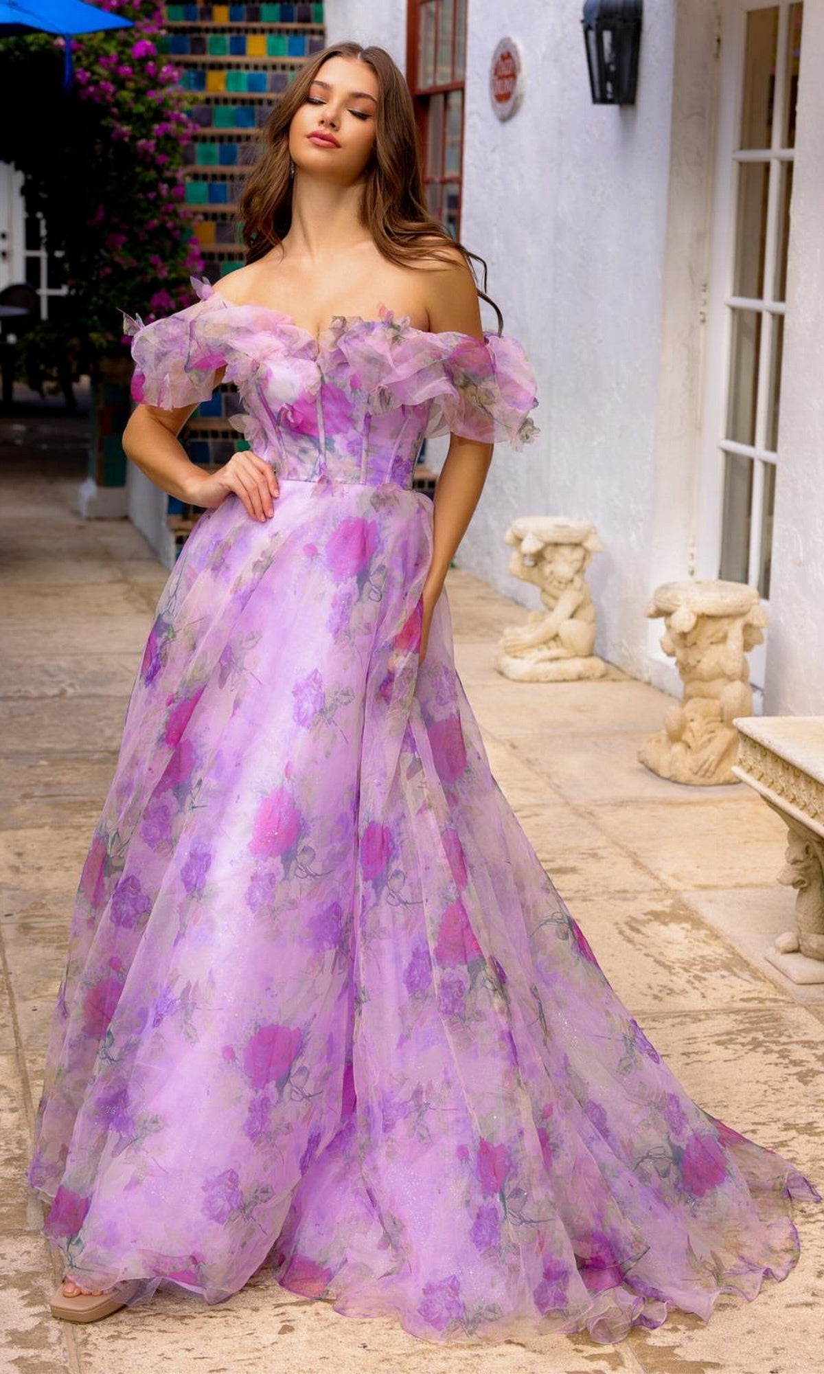 Off-the-Shoulder Long Purple Floral-Print Prom Dress