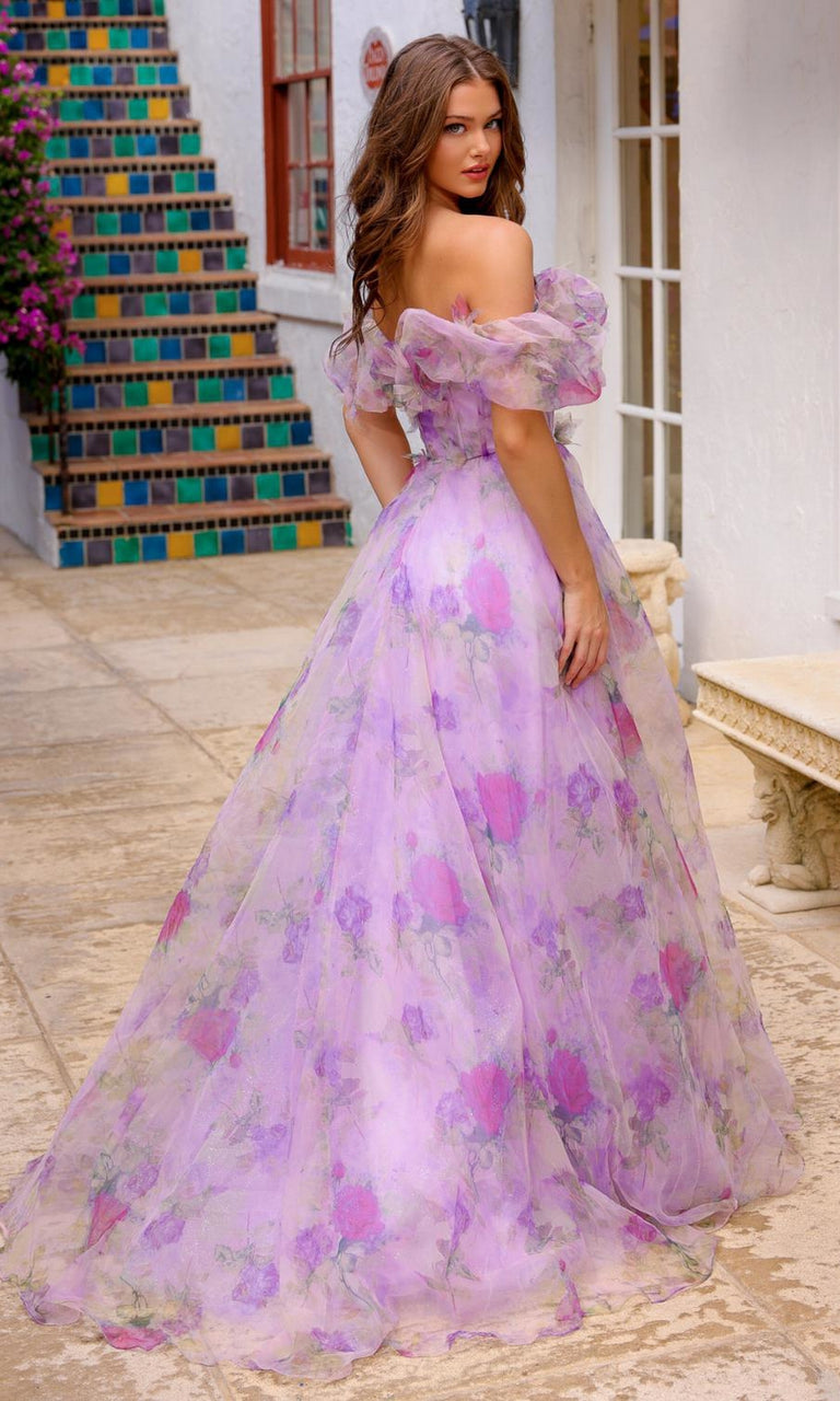 Off-the-Shoulder Long Purple Floral-Print Prom Dress