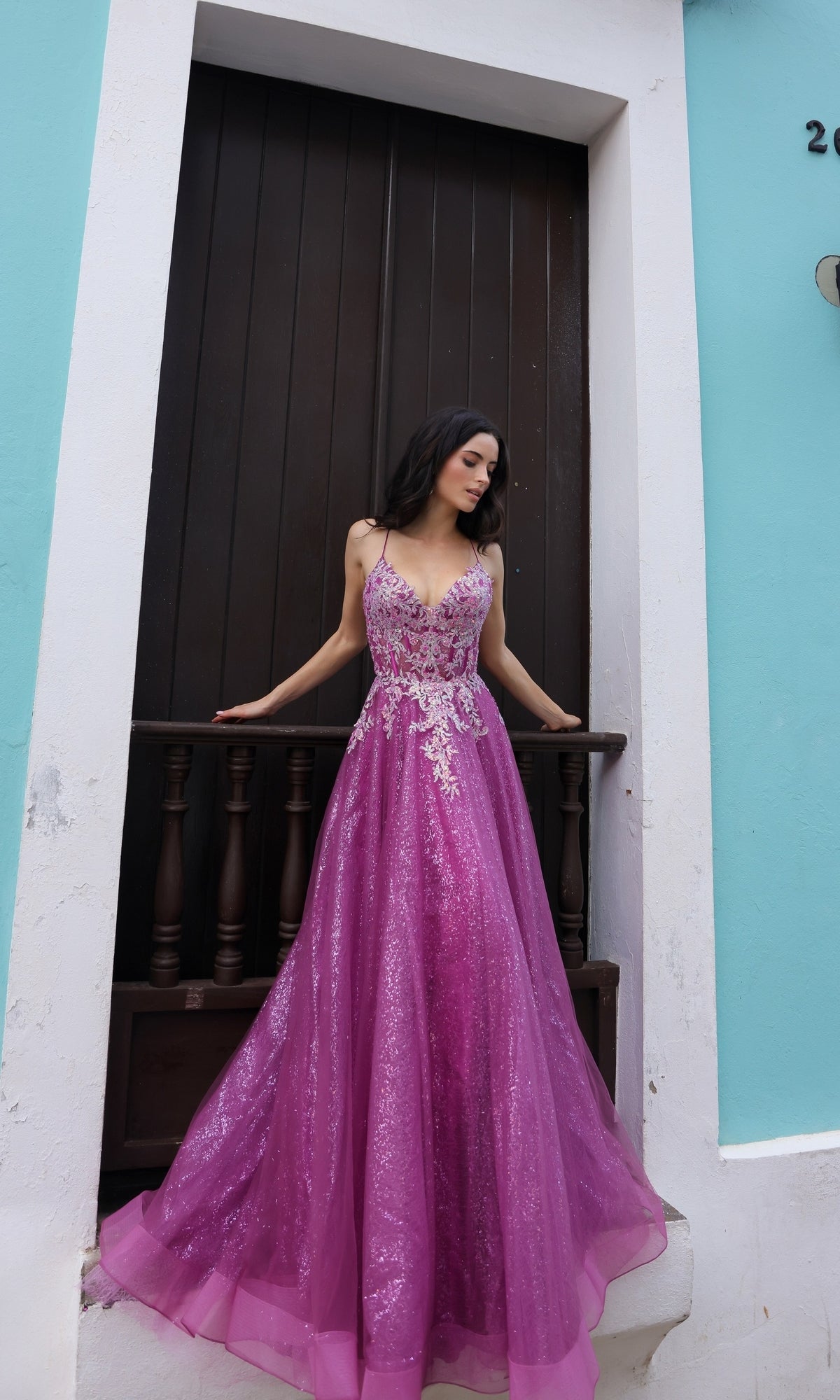 Lace-Up Long Magenta Glitter Prom Dress