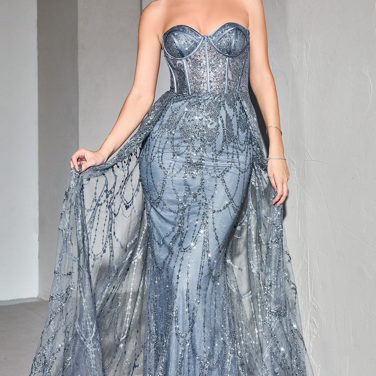 Glitter Mermaid Prom Dress with Overskirt - PromGirl