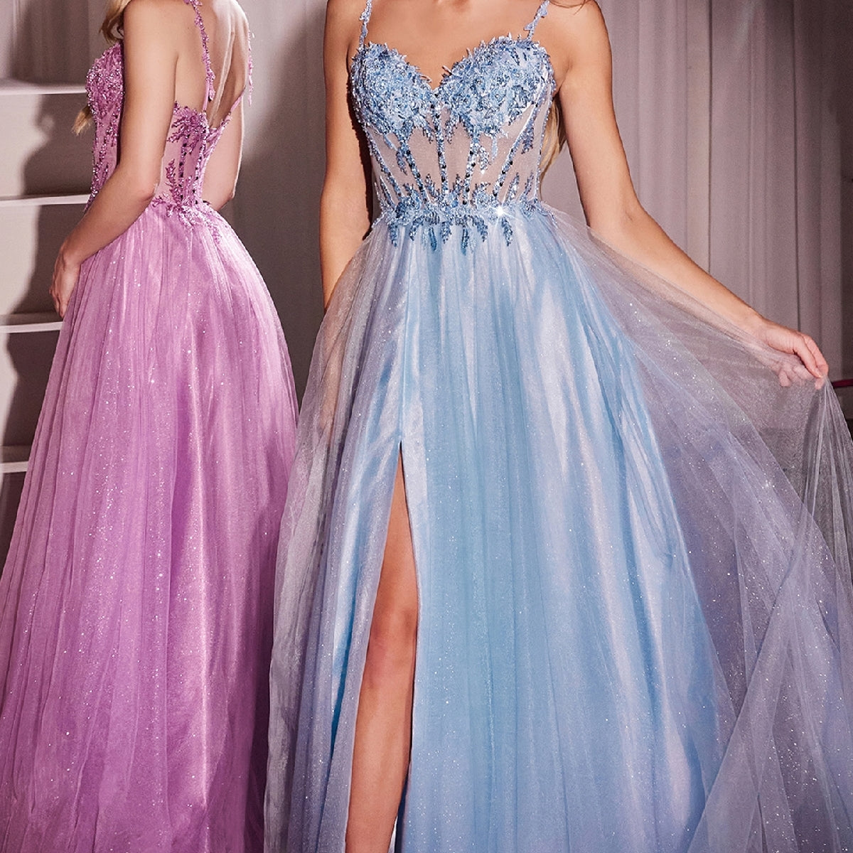 Long Glitter Prom Dress with Lace-Up Sheer Bodice.