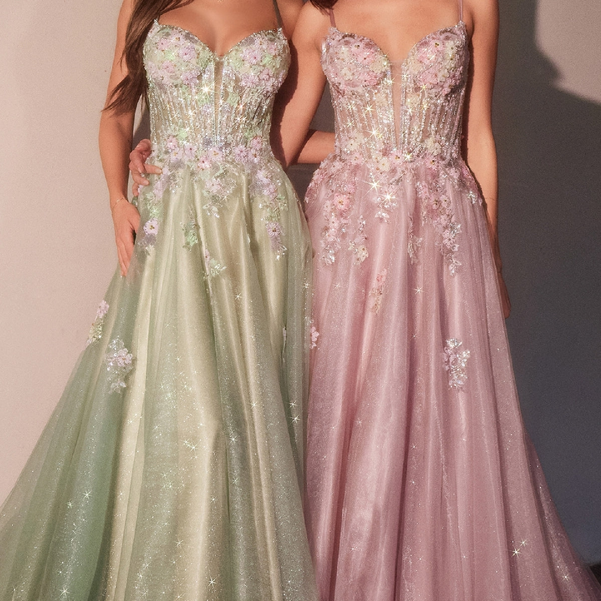Glitter-Tulle Long Prom Dress with A-Line Skirt