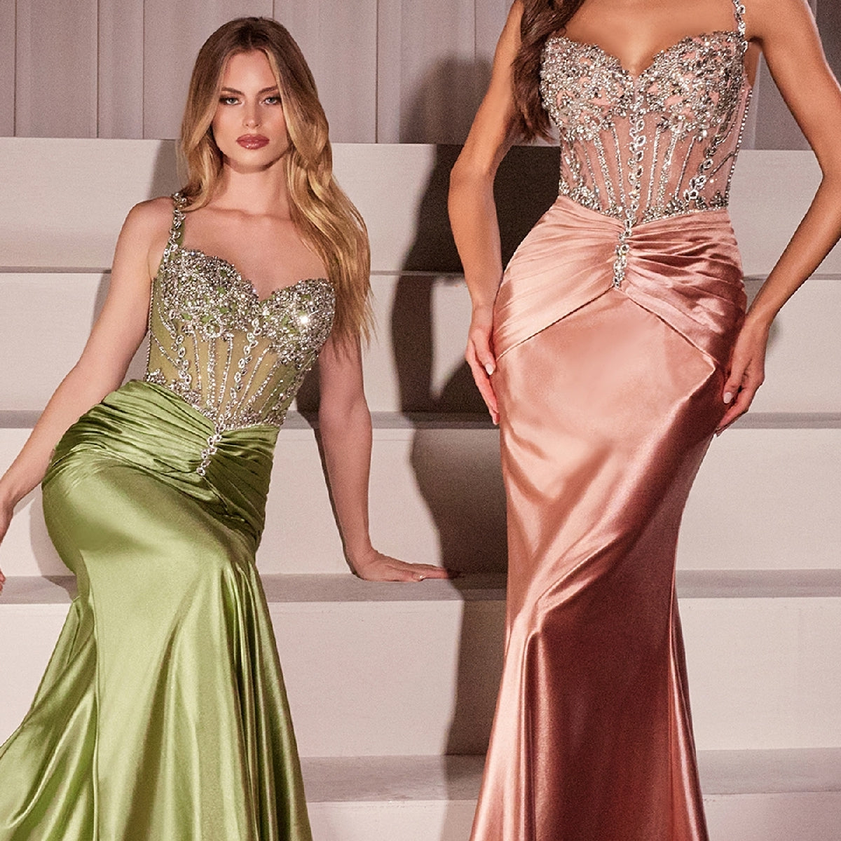 Long Satin Prom Dress with Sheer Beaded Corset