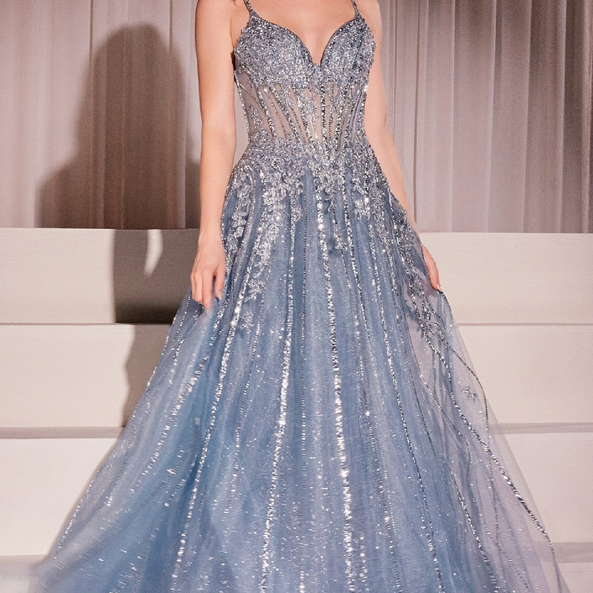 Lace-Up Long A-Line Prom Dress with Crystal Beading