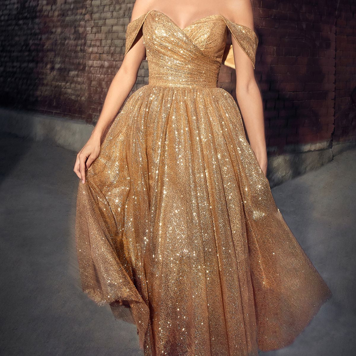 Tea-Length Off-Shoulder Homecoming Dress with Glitter