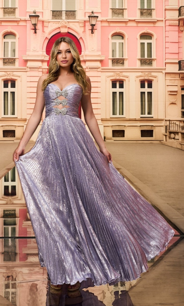 Strapless Long Pleated Prom Dress with Cut Outs