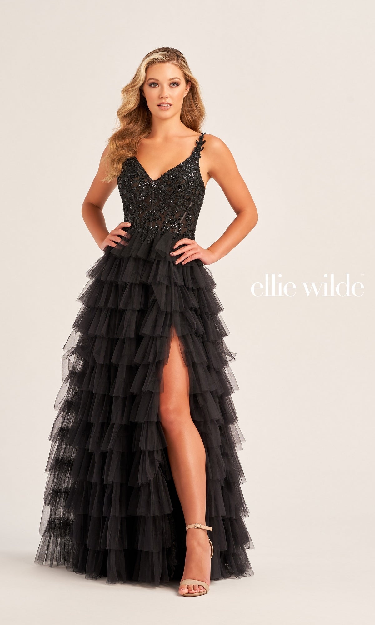 Ellie Wilde Tiered Long Designer Prom Gown - PromGirl