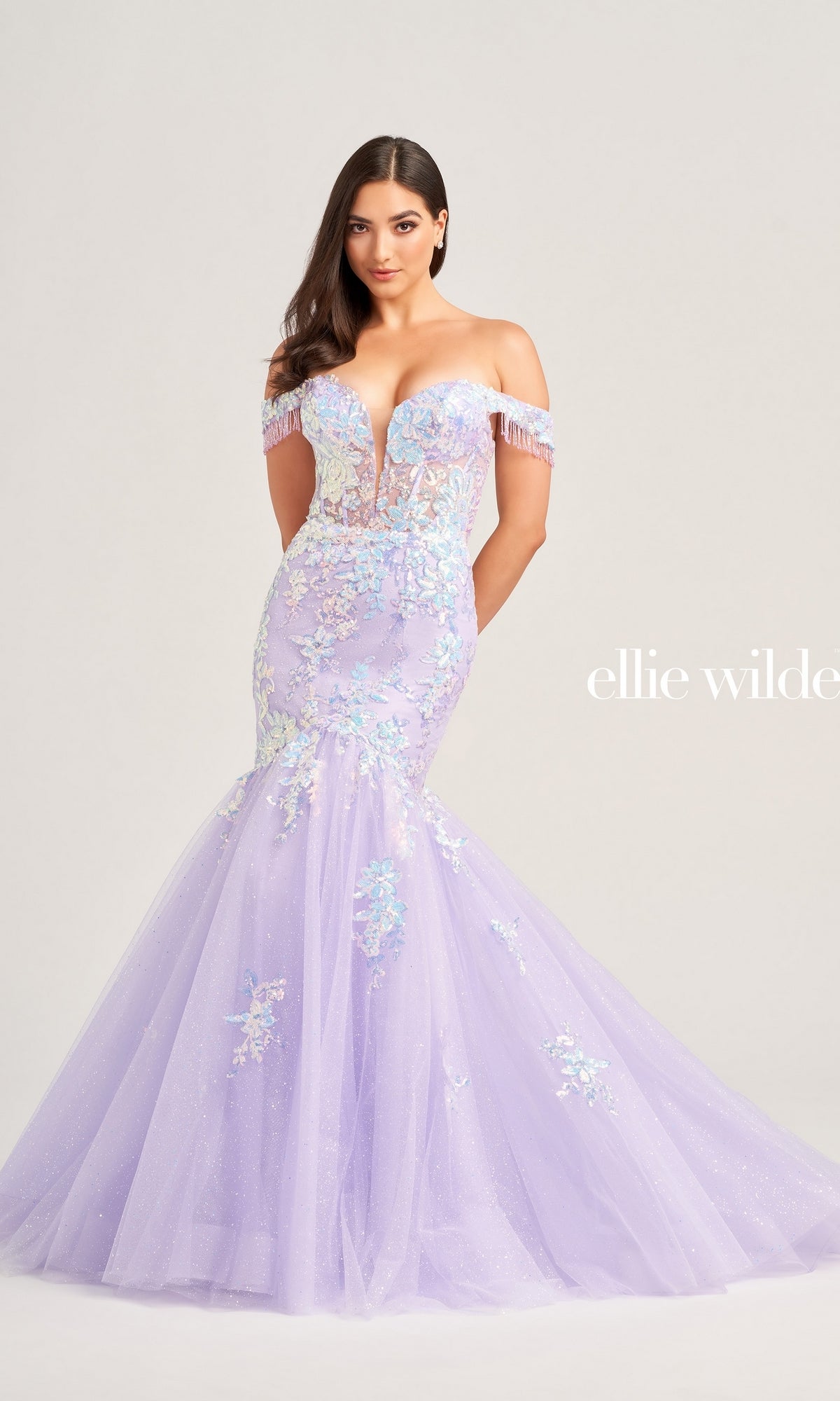 Fringe Off Shoulder Long Sequin Prom Dress Promgirl
