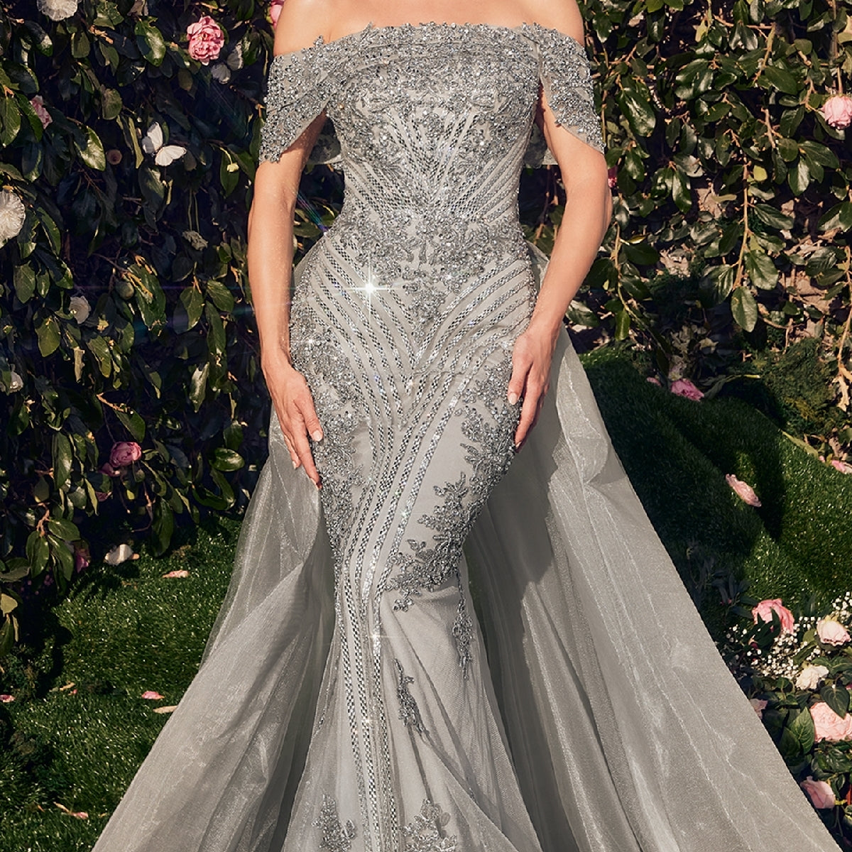 Off-the-Shoulder Long Silver Prom Dress with Overskirt