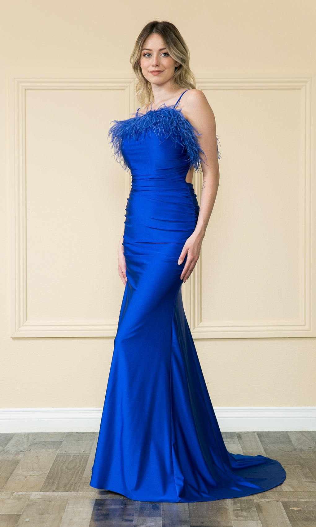 Open-Back Long Prom Dress with Feathers - PromGirl