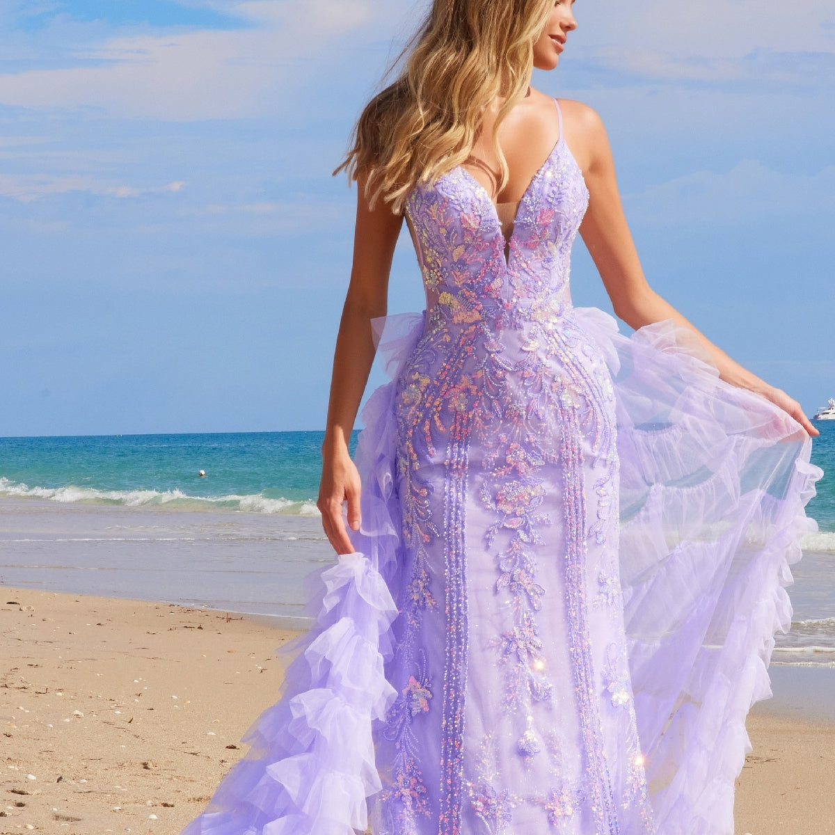 Long Beaded Prom Dress with Ruffled Overskirt