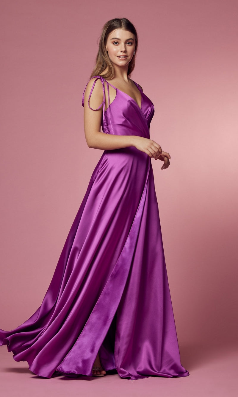 Long Faux-Wrap Prom Dress with Shoulder Ties -PromGirl